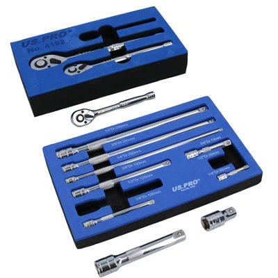 Ratchet and Socket Extension Bar set 3 Ratchets 9 Extensions 1/4 3/8 1/ ...