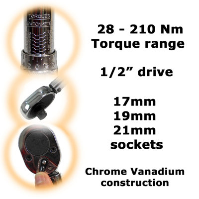 Ratcheting Torque Wrench 1/2" Adjustable 28-210Nm Square Socket Drive ...