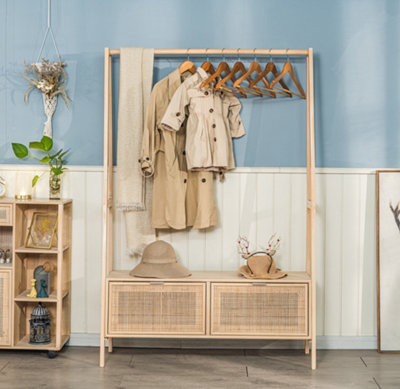 Rattan and Wood Coat Rack Exotic Boho Entryway