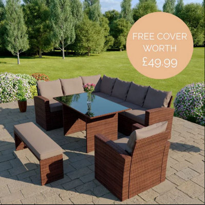 Rattan Garden Corner Dining Table Set with Armchair and Bench in Brown ...