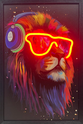 Rave Party Lion with Headphones Neon LED Wall Art 40 x 60 cm