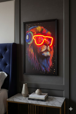 Rave Party Lion with Headphones Neon LED Wall Art 40 x 60 cm