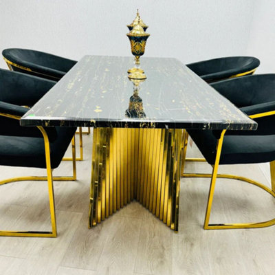 Ravello 1.8M Black Marble Dining Table Gold Stand - 180 cm x 90 cm x 76 cm