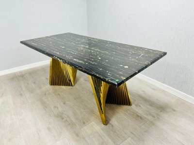 Ravello 1.8M Black Marble Dining Table Gold Stand - 180 cm x 90 cm x 76 cm