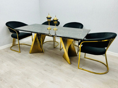 Ravello 1.8M Black Marble Dining Table Gold Stand - 180 cm x 90 cm x 76 cm