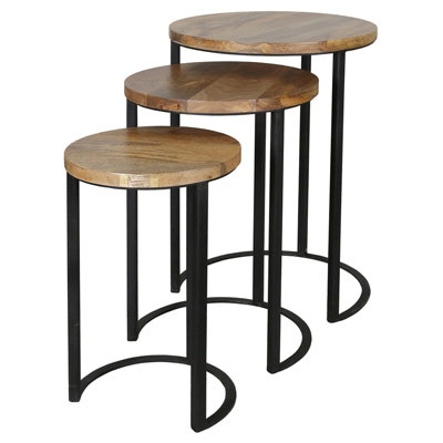 Ravi Iron Base Solid Wood Top Round Stool (Set of 3) - L43 x W43 x H65 ...