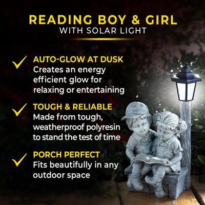Reading Boy and Girl Statue with Solar Light, Garden Weatherproof ...