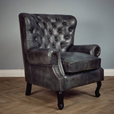 Real Genuine Leather High Back Wing Accent Arm Chair Queen Anne Grey ...