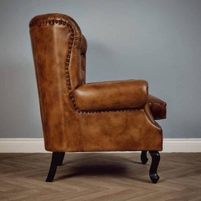 Real Genuine Leather High Back Wing Accent Arm Chair Queen Anne Tan ...