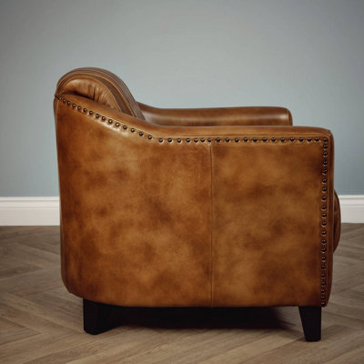Real Genuine Leather Tub Aviator Wing Accent Arm Chair Brown Tan