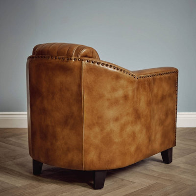 Real Genuine Leather Tub Aviator Wing Accent Arm Chair Brown Tan