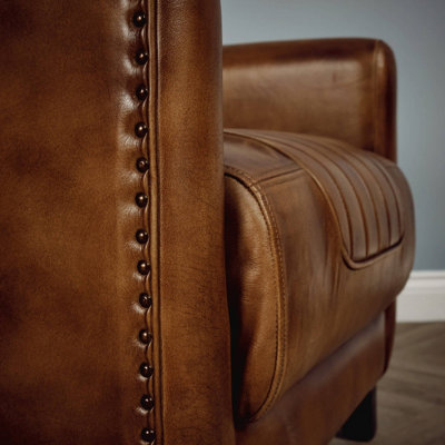 Real Genuine Leather Tub Aviator Wing Accent Arm Chair Brown Tan
