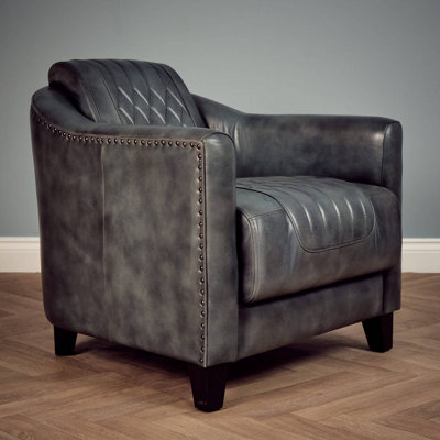 Real Genuine Leather Tub Aviator Wing Accent Arm Chair Grey