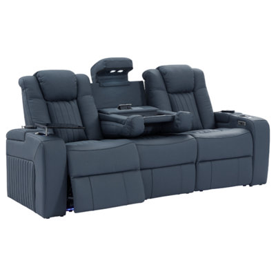 Real Leather 3 Seater Electric Reclining Sofa in Blue with Massage Wireless Charger More Capri