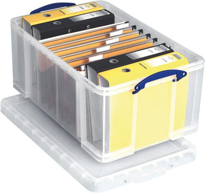 Really Useful Box 64L Solid Black with Yellow Handle Storage Box Clear