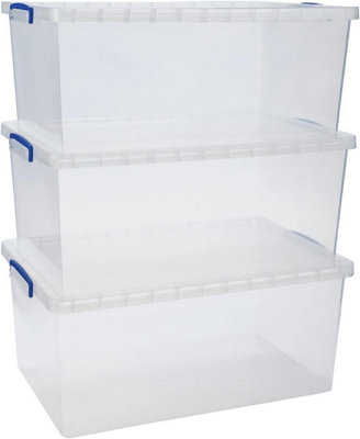 Really Useful Nestable Plastic Storage Box 62 Litre Clear (Pack of 3)