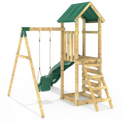 Rebo Adventure Wooden Climbing Frame, Swing Set and Slide - Rosa Green