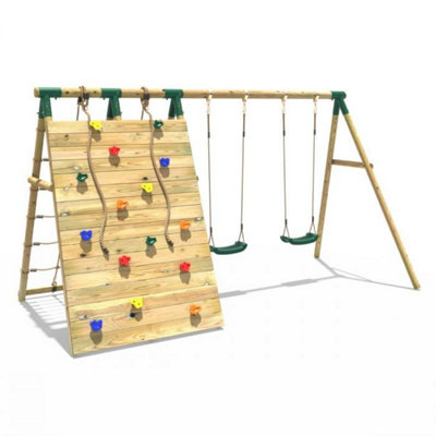 Rebo Beat The Wall Wooden Swing Set with Double up & Over Climbing Wall ...