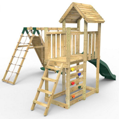 Rebo Extended Tower Wooden Climbing Frame with Swings & Slide - Greenhorn