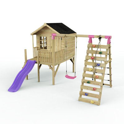 Rebo Garden Playhouse and Single Swing Set with Climbing Wall and Slide ...