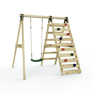 Rebo Glide Wooden Single Swing Set with Climbing Wall and Swing Seat ...