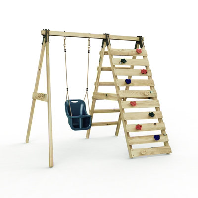 Rebo Glide Wooden Single Swing Set with Climbing Wall and Swing Seat ...
