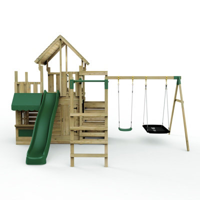 Rebo Modular Wooden Climbing Frame Playset - M25 Swings, Monkey Bars & Den