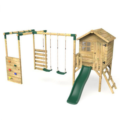 Rebo Orchard 4ft Wooden Playhouse, Swings, Monkey Bars, Deck & 6ft ...