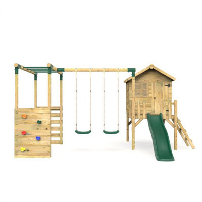 Rebo Orchard 4ft Wooden Playhouse, Swings, Monkey Bars, Deck & 6ft ...