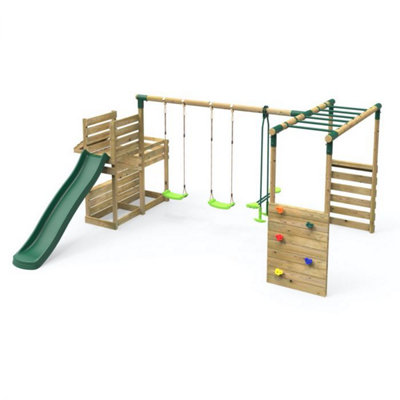 Rebo Wooden Children's Swing Set plus Deluxe Deck, 8ft Slide & Monkey ...