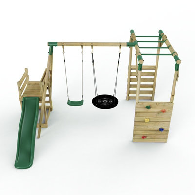 Rebo Wooden Children's Swing Set with Monkey Bars plus Deck & 6ft Slide ...
