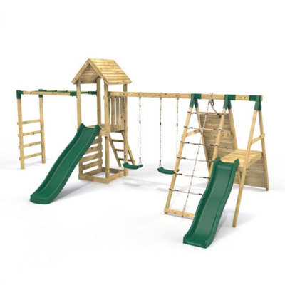 Rebo Wooden Climbing Frame with Swings, 2 Slides, Up & over Climbing ...