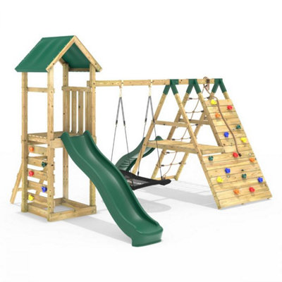 Rebo Wooden Climbing Frame with Swings, 6+8FT Slides & Climbing Wall ...