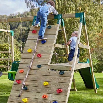 Rebo Wooden Climbing Frame with Swings, 6+8FT Slides & Climbing Wall ...