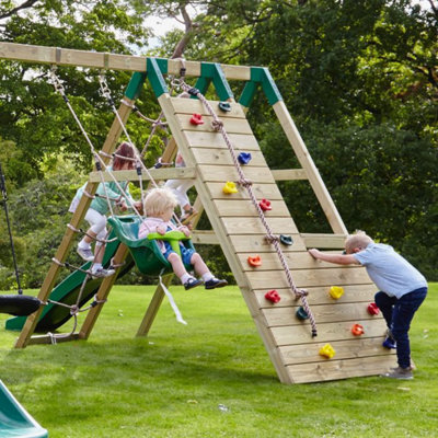 Rebo Wooden Climbing Frame with Swings, 6+8FT Slides & Climbing Wall ...