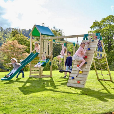 Rebo Wooden Climbing Frame with Swings, Slide, Up & over Climbing wall ...