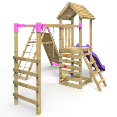 Rebo Wooden Climbing Frame with Swings, Slide, Up & over Climbing wall ...