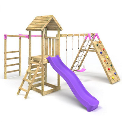 Rebo Wooden Climbing Frame with Swings, Slide, Up & over Climbing wall ...