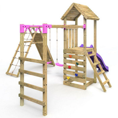 Rebo Wooden Climbing Frame with Swings, Slide, Up & over Climbing wall ...