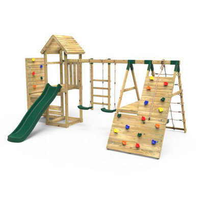 Rebo Wooden Climbing Frame with Vertical Rock Wall, Swing Set and Slide ...