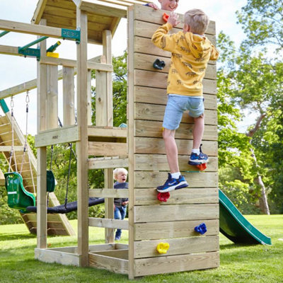 Rebo Wooden Climbing Frame with Vertical Rock Wall, Swing Set and Slide ...