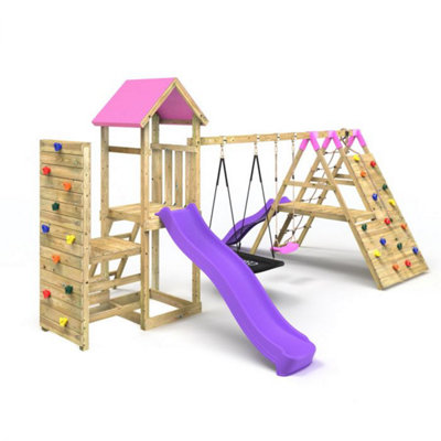 Rebo Wooden Climbing Frame with Vertical Rock Wall, Swing Set and Slide ...