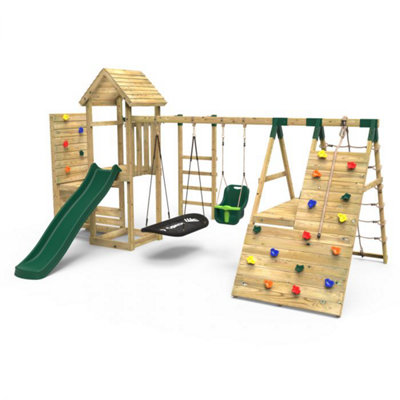 Rebo Wooden Climbing Frame with Vertical Rock Wall, Swing Set and ...