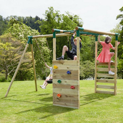 Rebo Wooden Garden Children's Swing Set with Extra-Long Monkey Bars ...