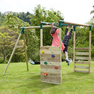 Rebo Wooden Garden Children's Swing Set with Extra-Long Monkey Bars ...