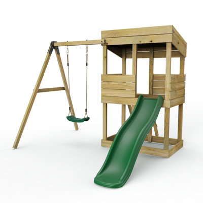 Rebo Wooden Lookout Tower Playhouse with 6ft Slide & Swing - Arches