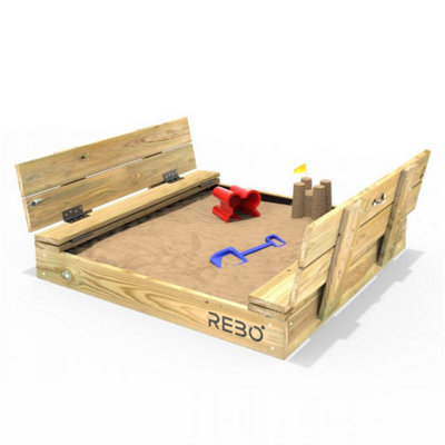 Rebo Wooden Sandpit Ball Pool with Folding Lid and Benches Sandbox ...
