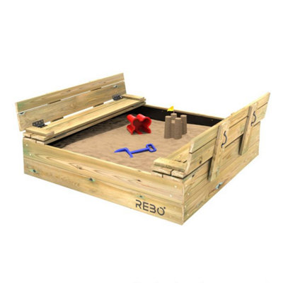 Rebo Wooden Sandpit Ball Pool with Folding Lid and Benches Sandbox ...