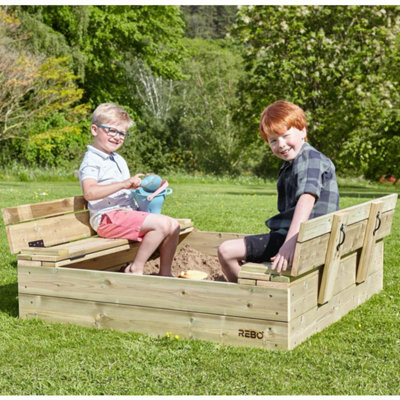 Rebo Wooden Sandpit Ball Pool with Folding Lid and Benches Sandbox ...