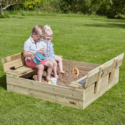 Rebo Wooden Sandpit Ball Pool with Folding Lid and Benches Sandbox ...